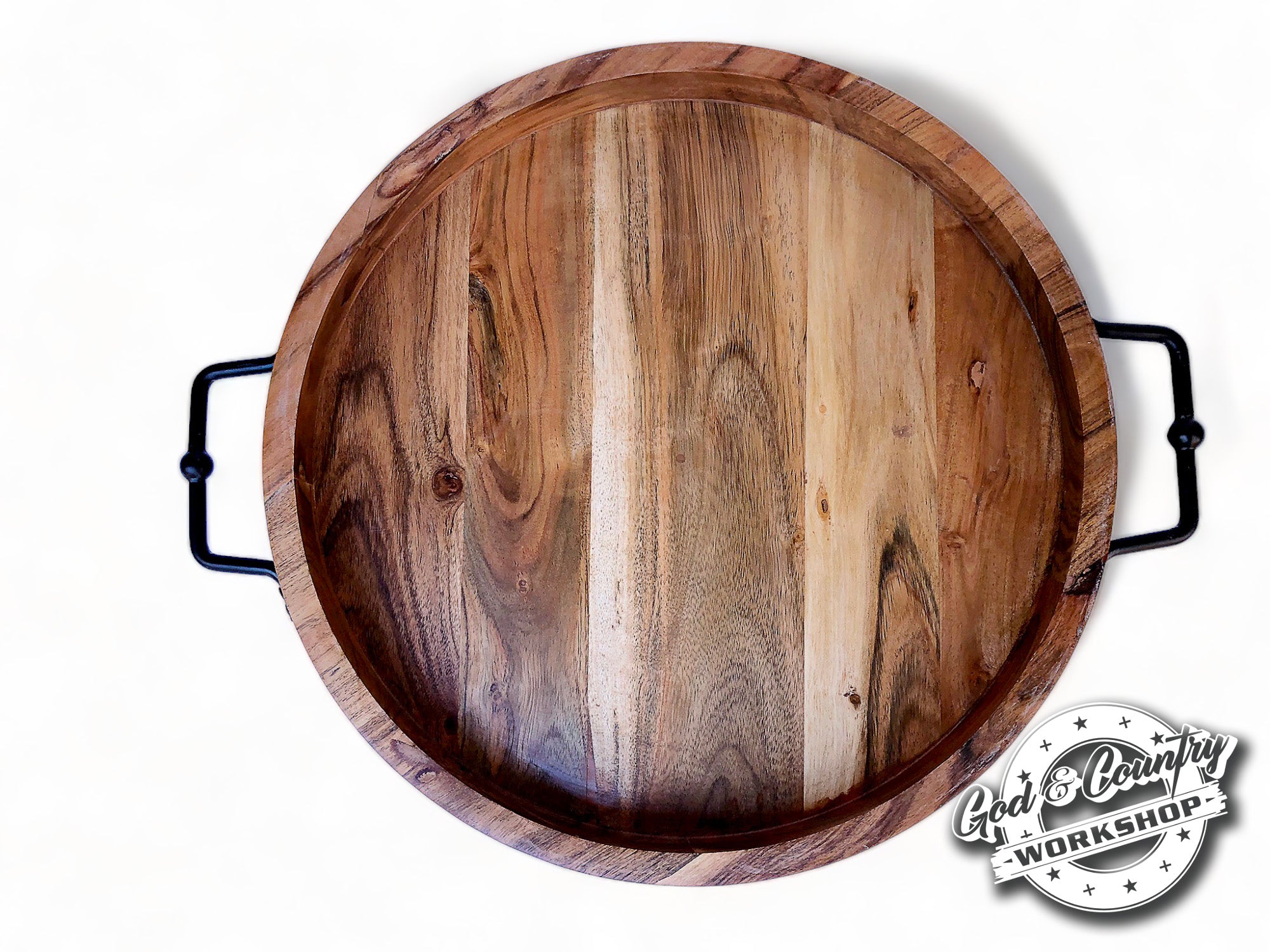 16 Inch Round Wood Tray with Black Hardware Handles – God & Country ...