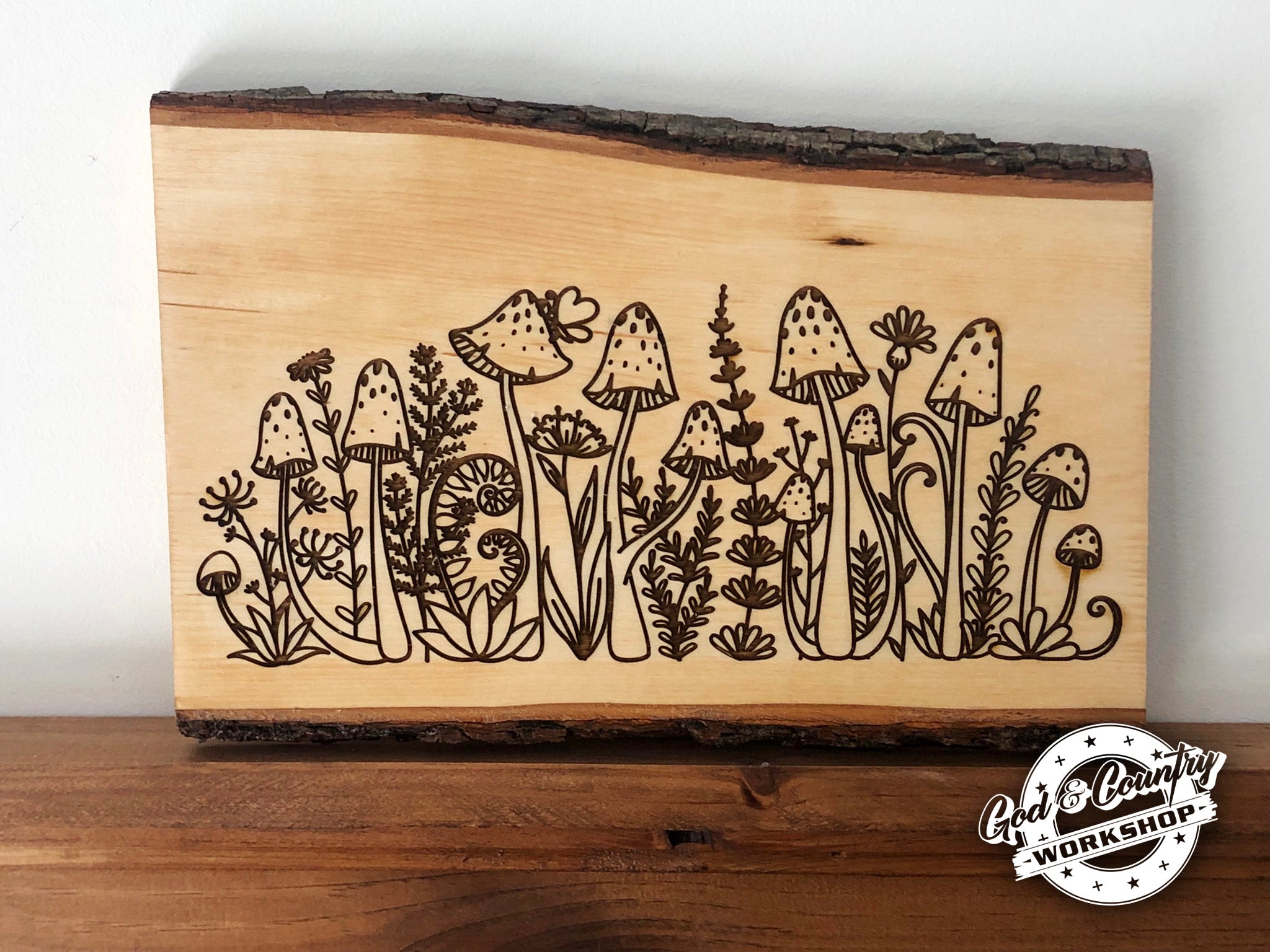 Mushrooms and Fiddleheads on Live Edge Wood Slab - Wall Decor – God ...